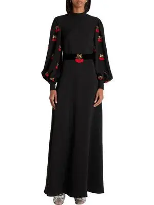 Valentino Garavani Cherryfic Beaded Long Sleeve Silk Gown - Black/cherry