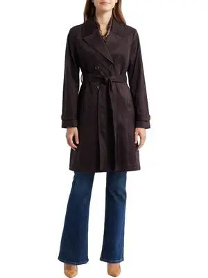 TAHARI ASL Faux Suede Trench Coat - Espresso