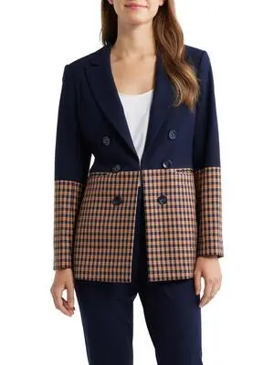 TAHARI ASL Checked Double-breasted Jacket - New Navy Ginger