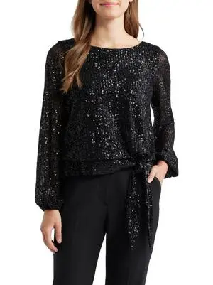 TAHARI ASL Sequin Tie-hem Top - Black