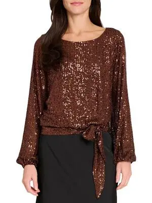 TAHARI ASL Sequin Tie-hem Top - Chocolate