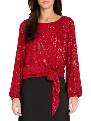 TAHARI ASL Sequin Tie-Hem Top Claret