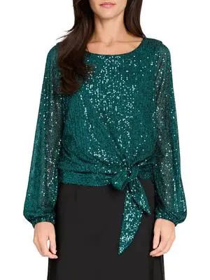 TAHARI ASL Sequin Tie-hem Top - Emerald