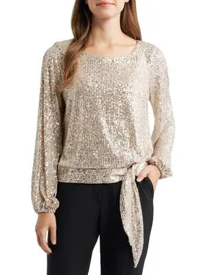 TAHARI ASL Sequin Tie-hem Top - Nude Silver