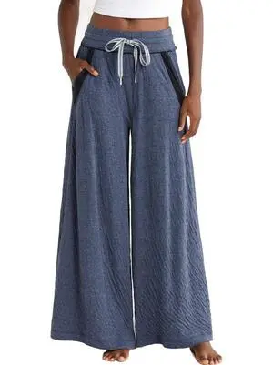 Free People Drawstring Cotton Wide Leg Pants Navy Heather Combo