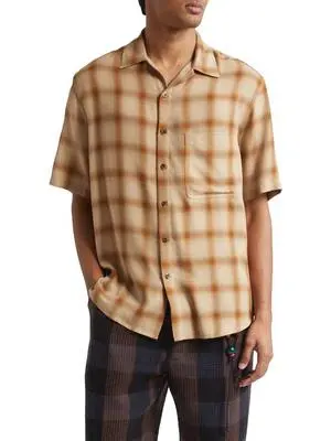 SONG FOR THE MUTE Oversize Plaid Short Sleeve Button-up Shirt - Camel