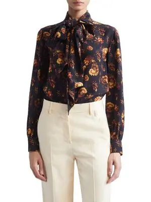 Burberry Lina Floral Print Tie-neck Silk Shirt - Crimson Red