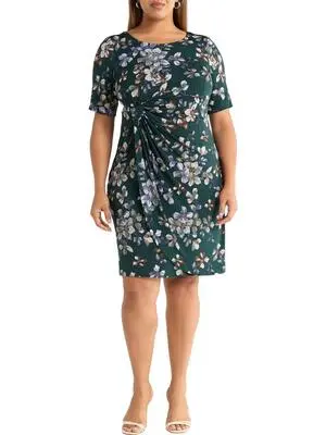 CONNECTED APPAREL Floral Ruched Knit Dress - Hunter