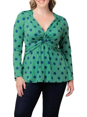 KIYONNA Long Sleeve Twist Front Top - Green Polka Dot
