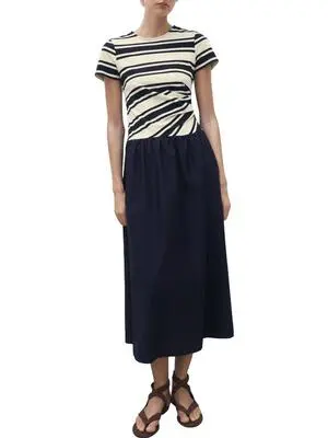 Mango Stripe Bodice Cotton Maxi Dress - Dark Navy
