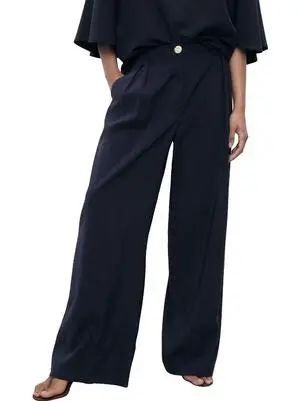 Mango Pleated Straight Leg Ankle Trousers Navy