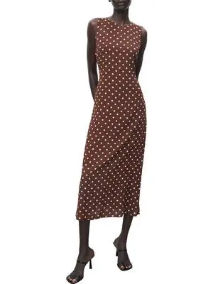 Mango Polka Dot Sleeveless Midi Dress Brown