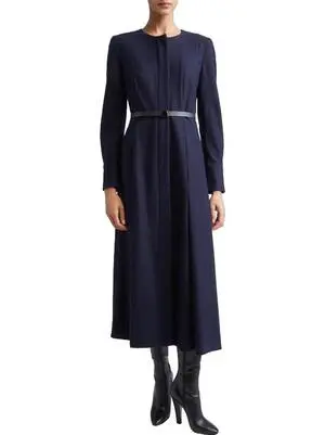 Akris Belted Long-sleeve Wool Flannel Dress - Navy