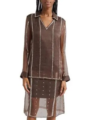 WALES BONNER Presence Studded Silk Organza Shirt - Brown