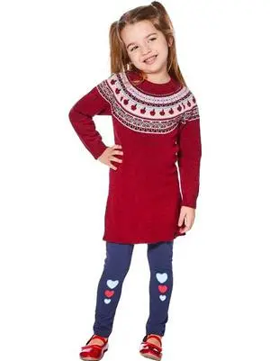 DEUX PAR DEUX Knit Sweater Dress With Apple Jacquard Yoke - Red