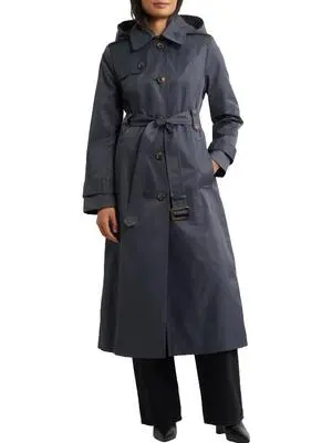 London Fog Hooded Single-breasted Maxi Trench Coat - Charcoal
