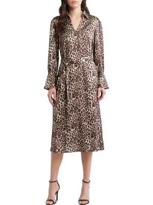 Julia Jordan Leopard Print Long Sleeve Midi Shirtdress - Brown Black