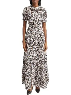 St. John Cotton Eyelet Belted Shirt Dress - Leopard Print