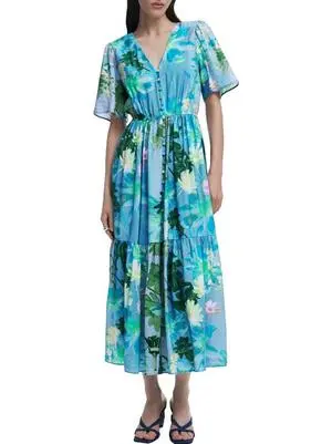 Desigual Floral Print Ruffle Hem Maxi Dress - Water Green
