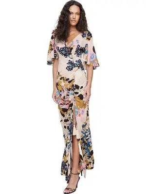 Banana Republic Stretch-crepe Flutter-sleeve Maxi Dress - Ivory Floral Graphic