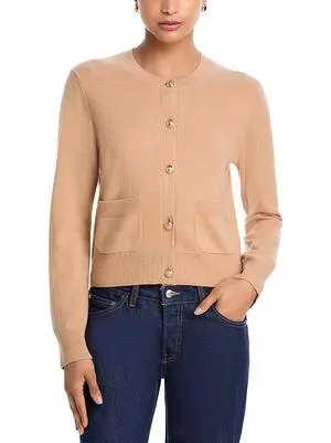 Aqua 100% Cashmere Crewneck Cardigan - Camel