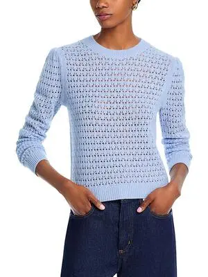 Aqua 100% Cashmere Openwork Crewneck Sweater Chambray