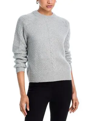 Aqua 100% Cashmere Basketweave Cable Crewneck Sweater - Light Gray