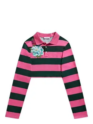 AREA Embroidered Stripe Cropped Polo Top - Pink