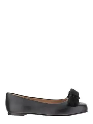 FERRAGAMO Vara Leather Ballerina Shoes With Fur-pompom - Black