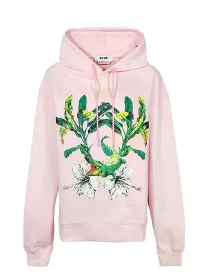 MSGM Crocodile And Floral Print Cotton Hoodie - Pink