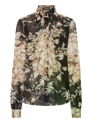 Dolce & Gabbana Rose-print Chiffon Shirt - Brown