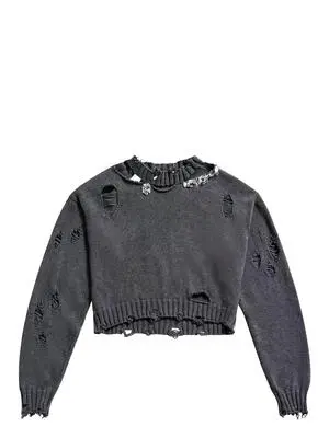 AREA Crystal-embellished Distressed Sweater - Grey