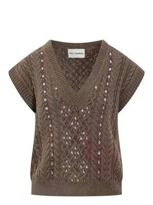 DES_PHEMMES Cable-knit Embellished Sweater - Brown