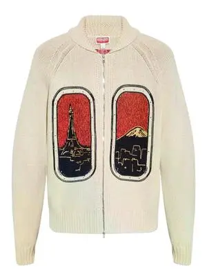 Kenzo Eiffel Tower And Mount Fuji Embroidered Wool Cardigan - Neutrals