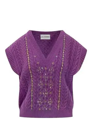 DES_PHEMMES Cable-knit Embellished Sweater - Purple