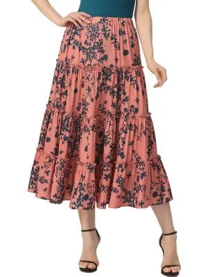 KIMI + KAI Tiered Ruffle Midi Skirt Coral