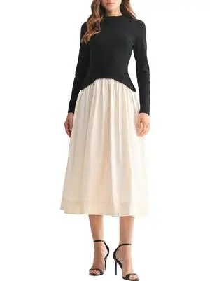 QUINCY MAE Long Sleeve Mixed Media Maxi Dress - Black Cream