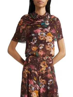 Lela Rose Floral Chiffon Cowl Neck Top - Brown