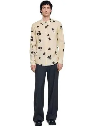 Sandro Floral Print Linen Shirt - Off White