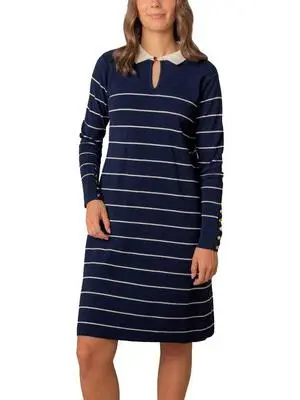 HOPE & HENRY Organic Long Sleeve Collared Sweater Dress - Navy Breton Stripe