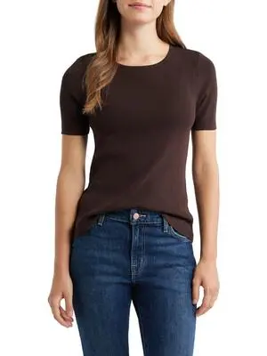 TAHARI ASL Fine-gauge Short Sleeve Sweater - Espresso