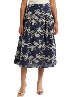 CECE DUPRAZ Embroidered Flounce Cotton Skirt - Night Shade