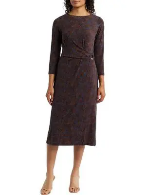 NIC+ZOE Feather Fern Long Sleeve Knit Midi Dress - Brown Multi