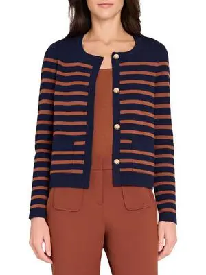 TAHARI ASL Striped Fine-gauge Cardigan - Navy/tawny