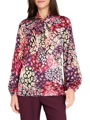 TAHARI ASL Printed Tie Neck Top - Multi Leopard