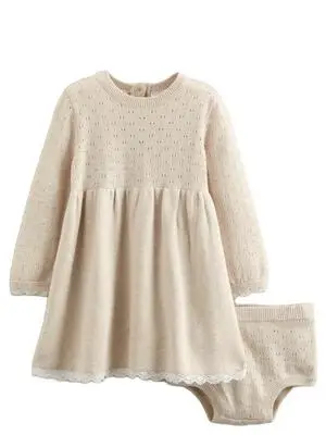 Nordstrom Pointelle Long-sleeve Sweater Dress & Bloomers Set - Beige Oatmeal Heather