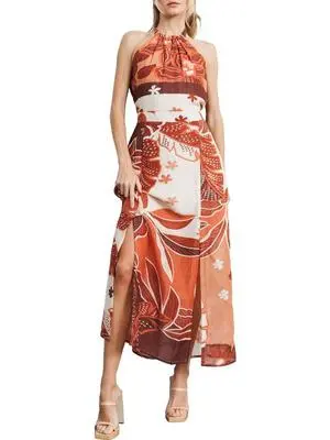 CIEBON Floral Halter Maxi Dress - Brown Multi