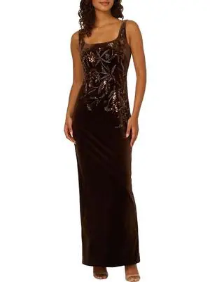 Adrianna Papell Beaded Sleeveless Velvet Gown - Espresso