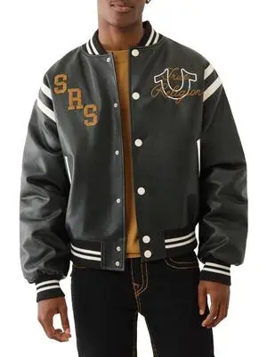 True Religion Faux Leather Varsity Jacket - Jet Black