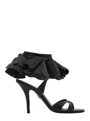 FERRAGAMO Nappa Leather Flower Embellished Sandals With Ankle Laces - Black